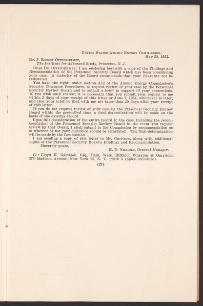 In the Matter of J. Robert Oppenheimer: Texts of Principal Documents ...