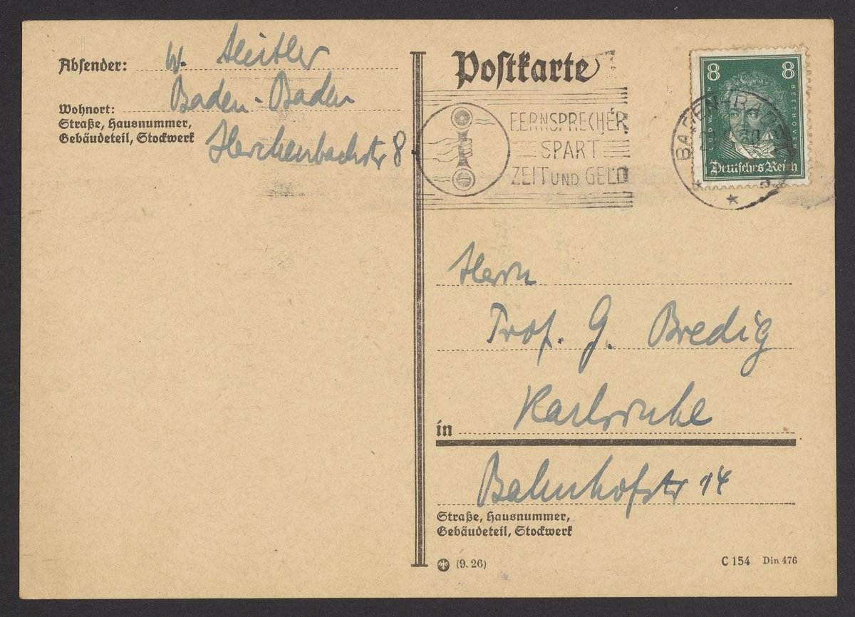 Postcard from Walter Heitler to Georg Bredig, August 1930 - Science ...