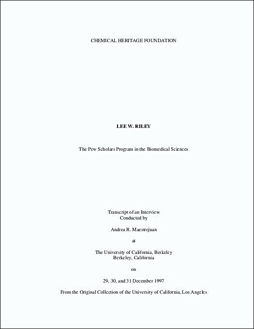 Oral history interview with Lee W. Riley - Science History Institute ...