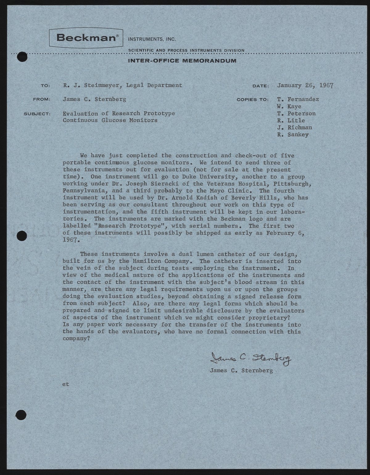 Memo from James C. Sternberg to R. J. Steinmeyer - Science History ...