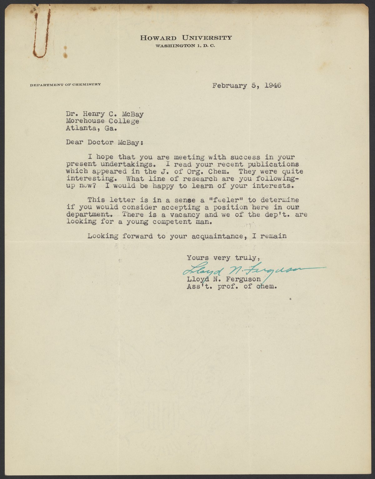 Letter from Lloyd N. Ferguson to Henry McBay - Science History ...