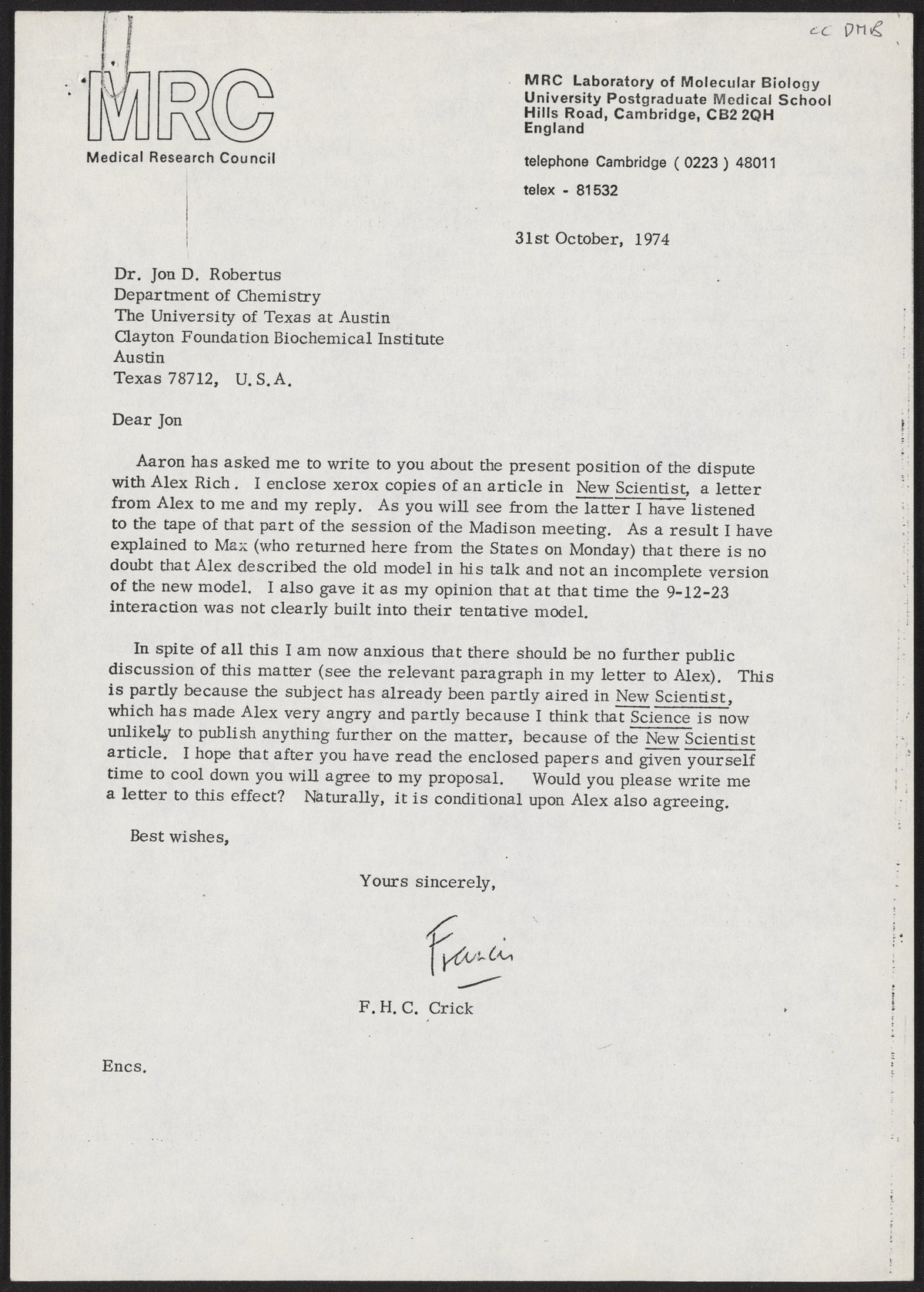 Letter from Francis Crick to Jon D. Robertus, October 31, 1974 ...