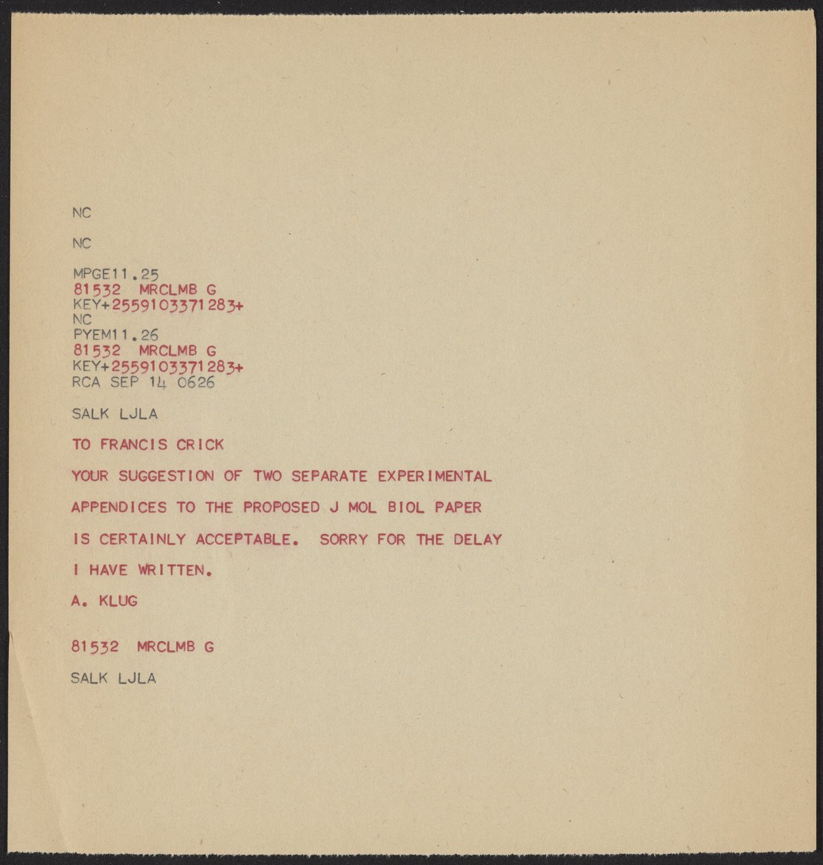Telex from Aaron Klug to Francis Crick, September 14, 1978 - Science ...