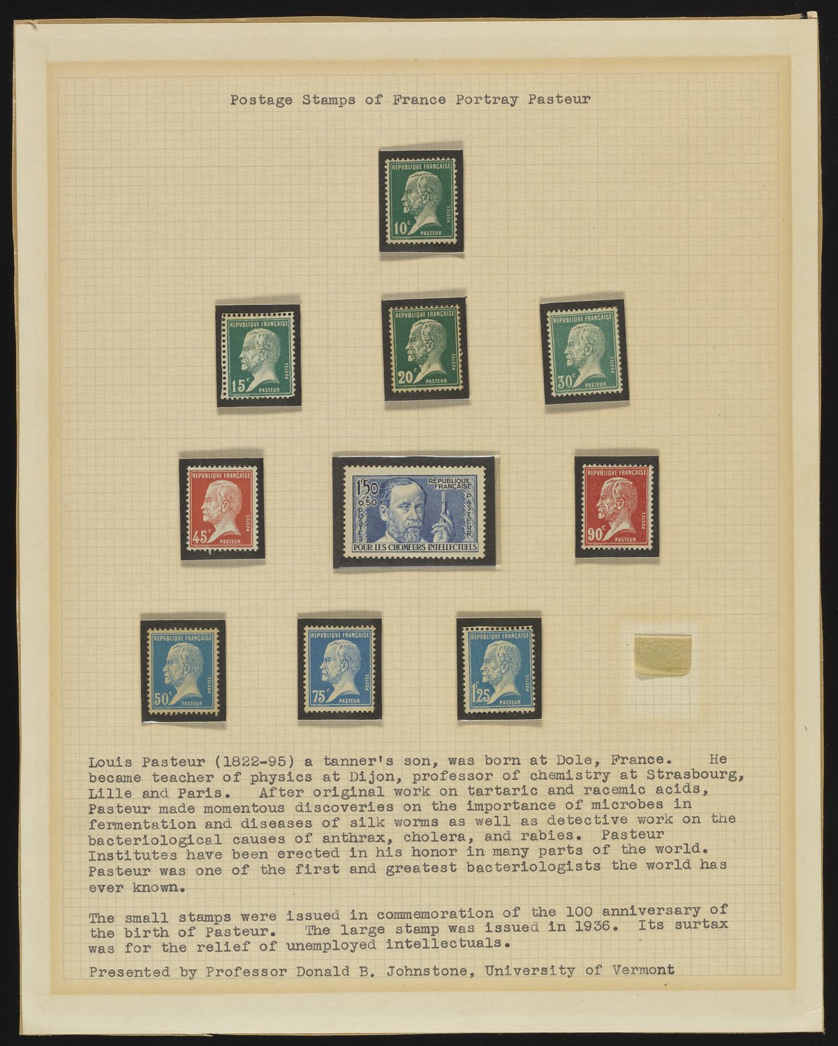 Mounted French postage and semipostal stamps depicting Louis Pasteur ...