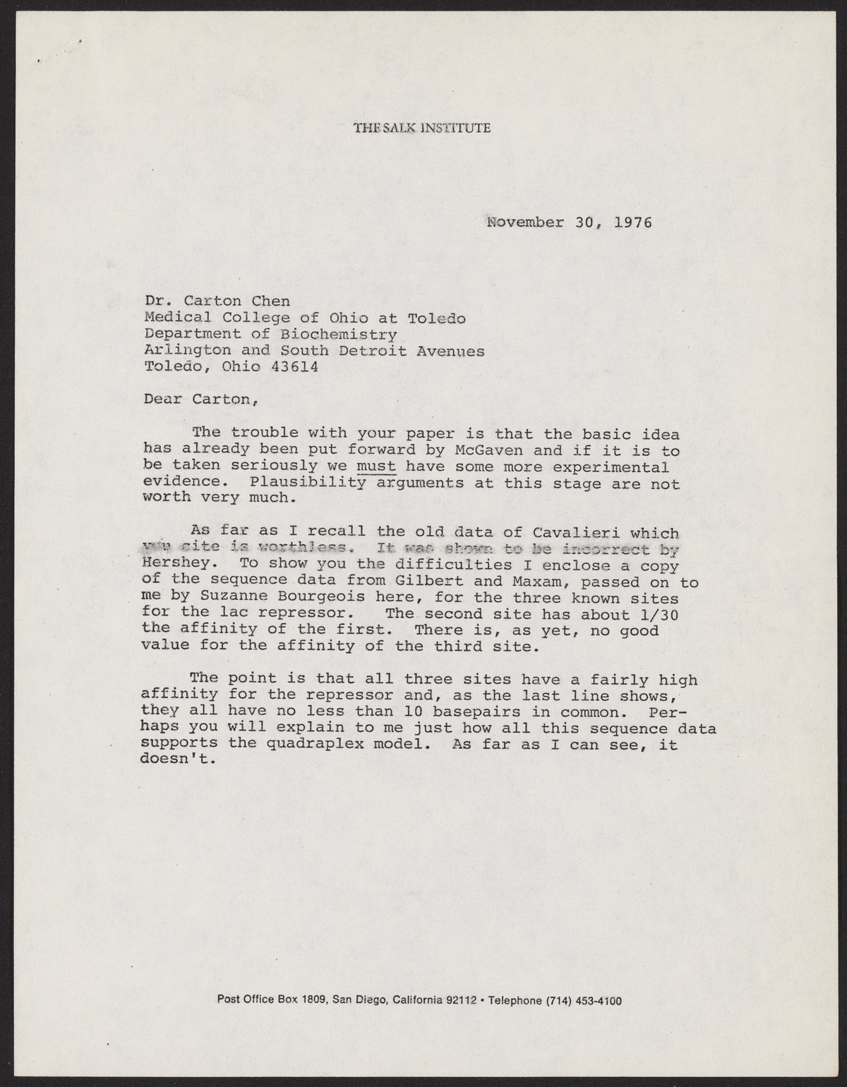 Letter from Francis Crick to Carton W. Chen, November 30, 1976 ...