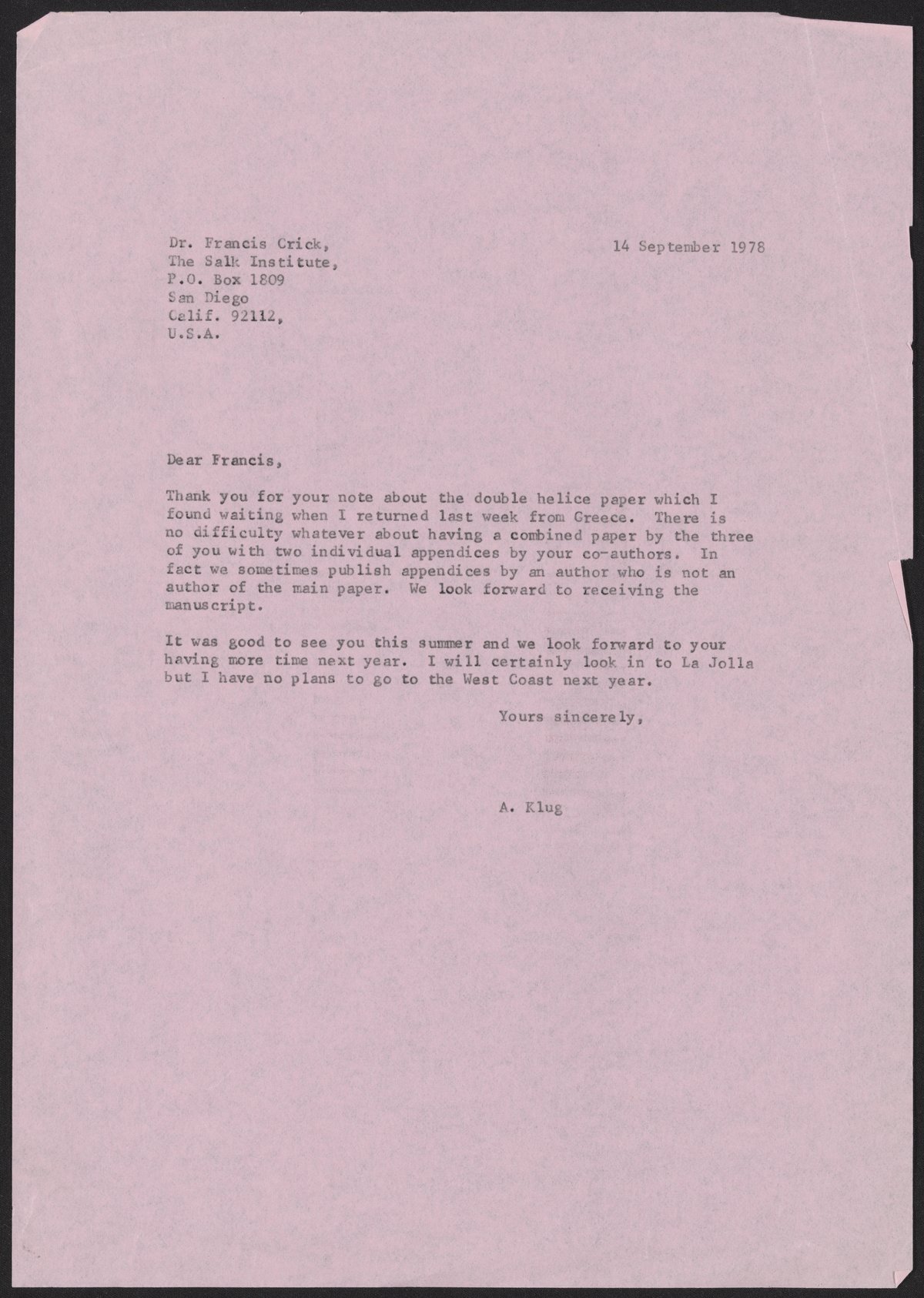 Letter from Aaron Klug to Francis Crick, September 14, 1978 - Science ...