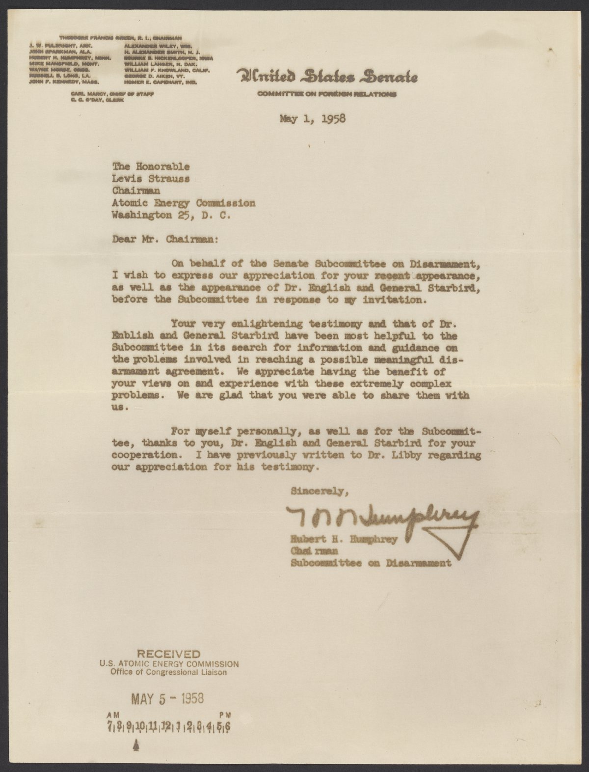 Letter from Hubert H. Humphrey to Lewis Strauss, May 1, 1958 - Science ...