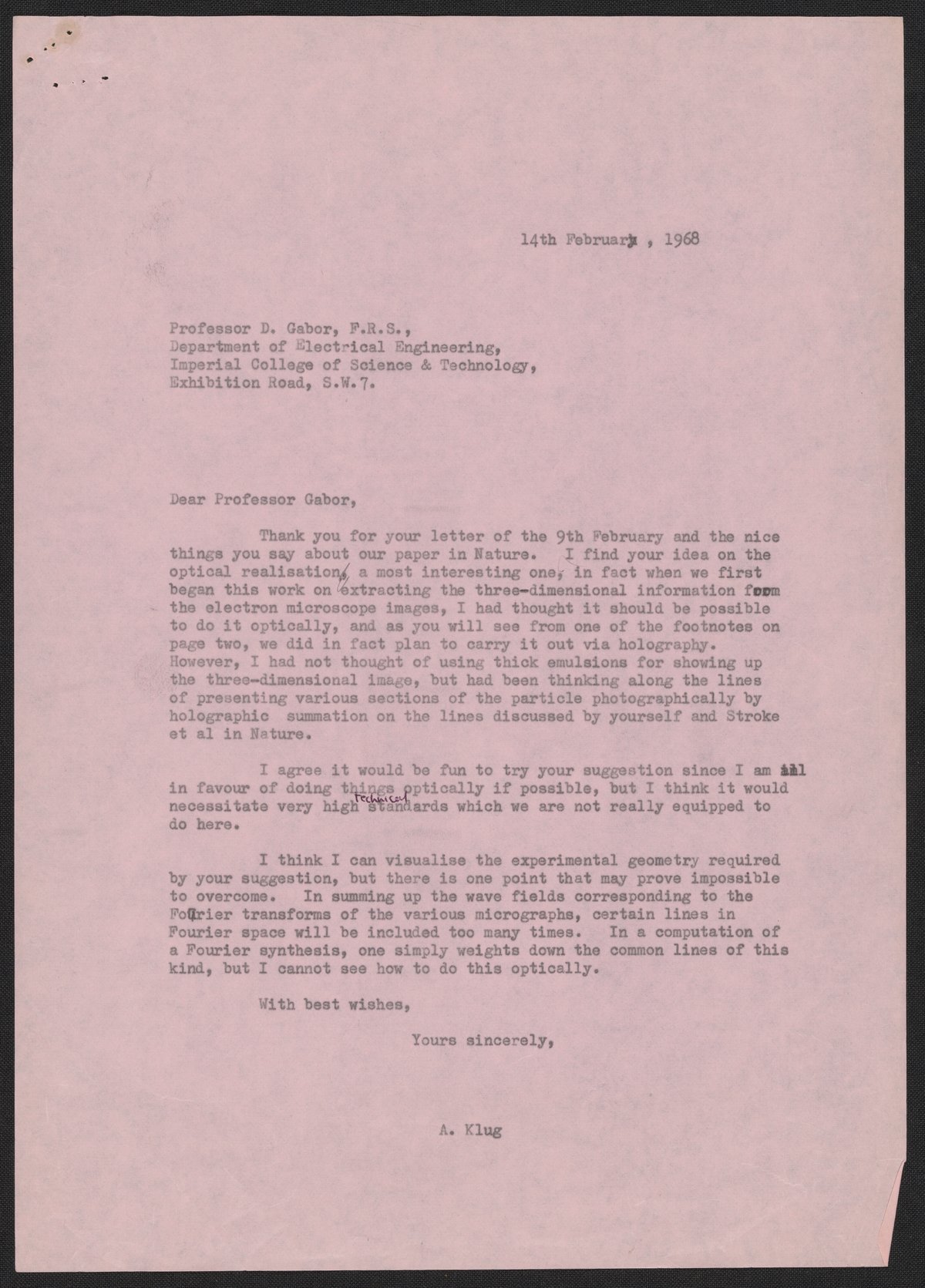 Letter from Aaron Klug to Dennis Gabor, February 14, 1968 - Science ...
