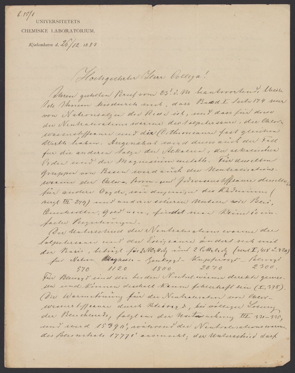 Letter from Julius Thomsen to Georg Bredig, December 1883 - Science ...