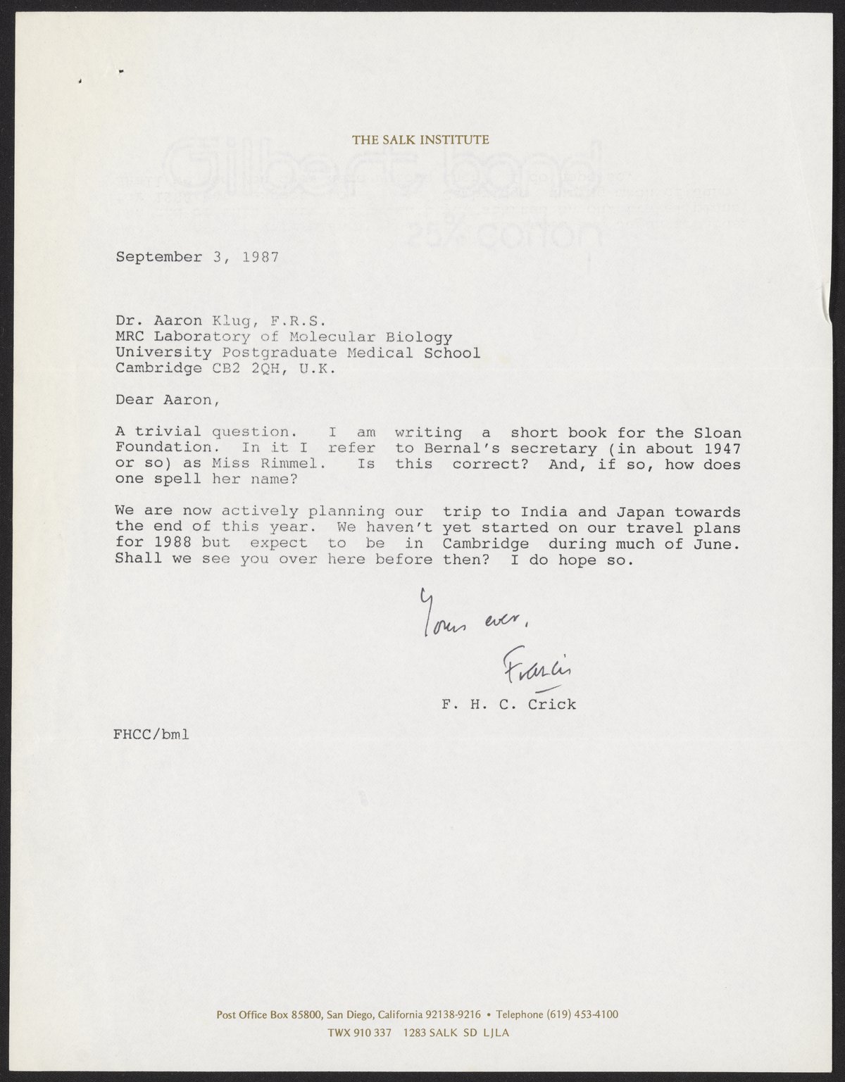 Letter from Francis Crick to Aaron Klug, September 3, 1987 - Science ...