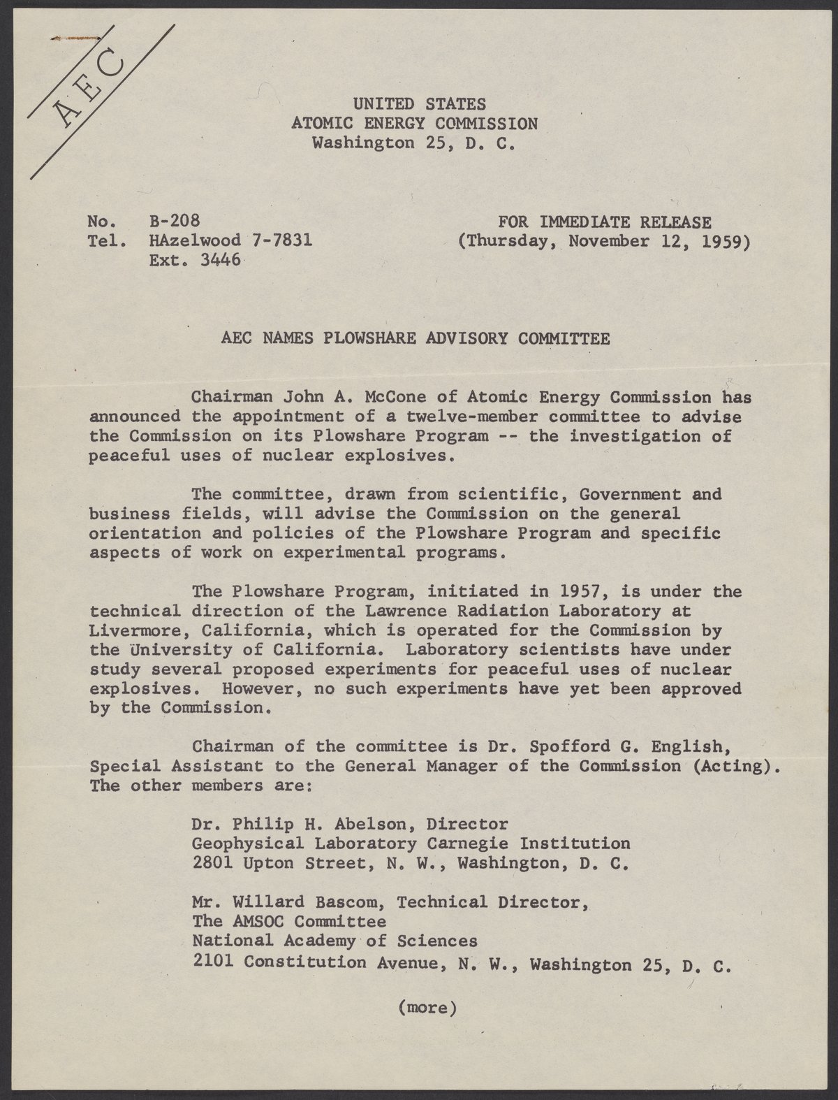 Atomic Energy Committee names Plowshare Advisory Committee - Science ...