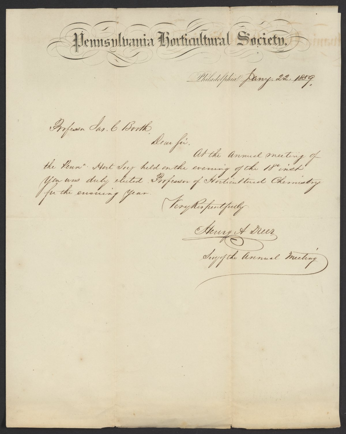Letter from Henry A. Greer to James Curtis Booth, January 22, 1859 ...