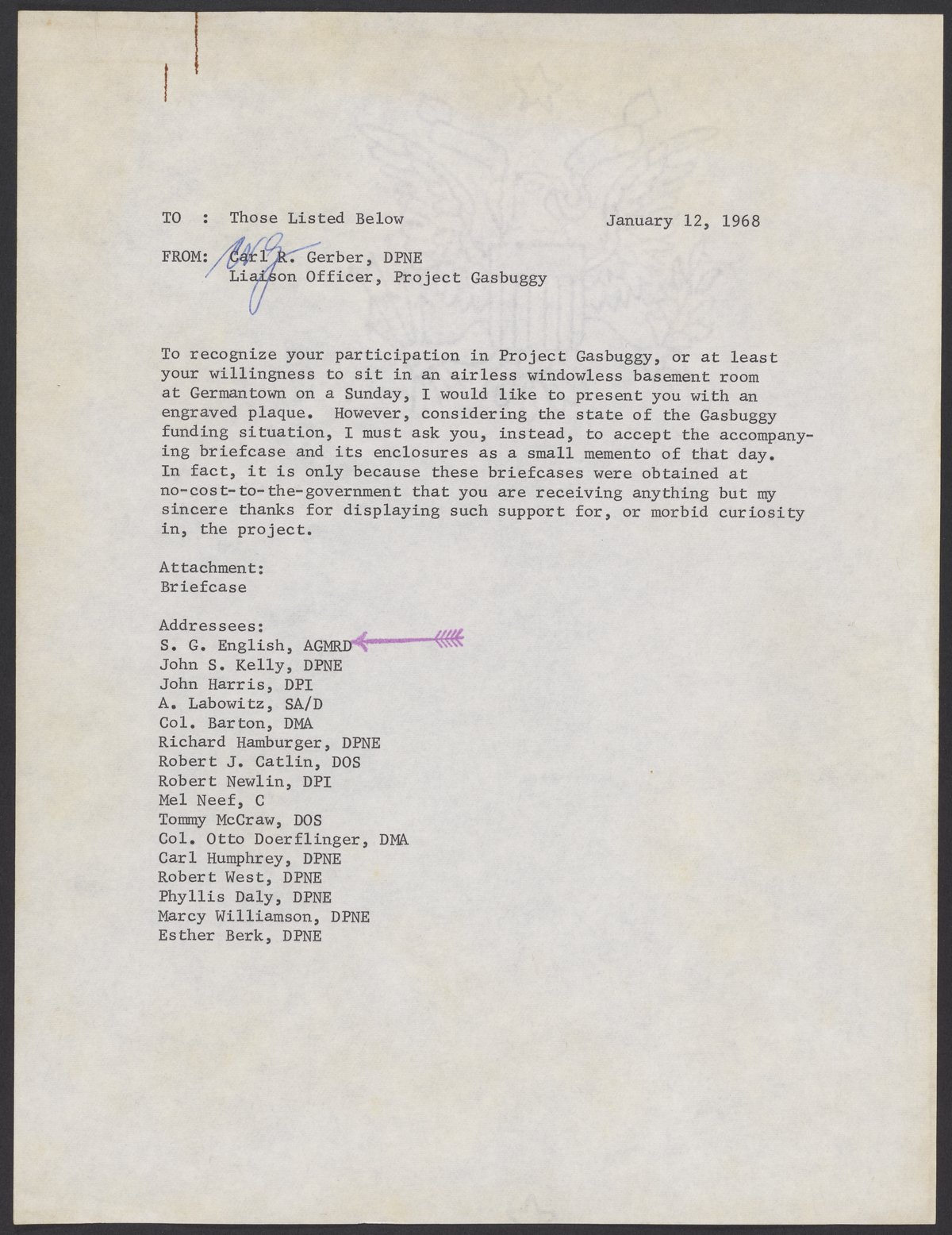 Letter to the participants of Project Gasbuggy from Carl R. Gerber ...