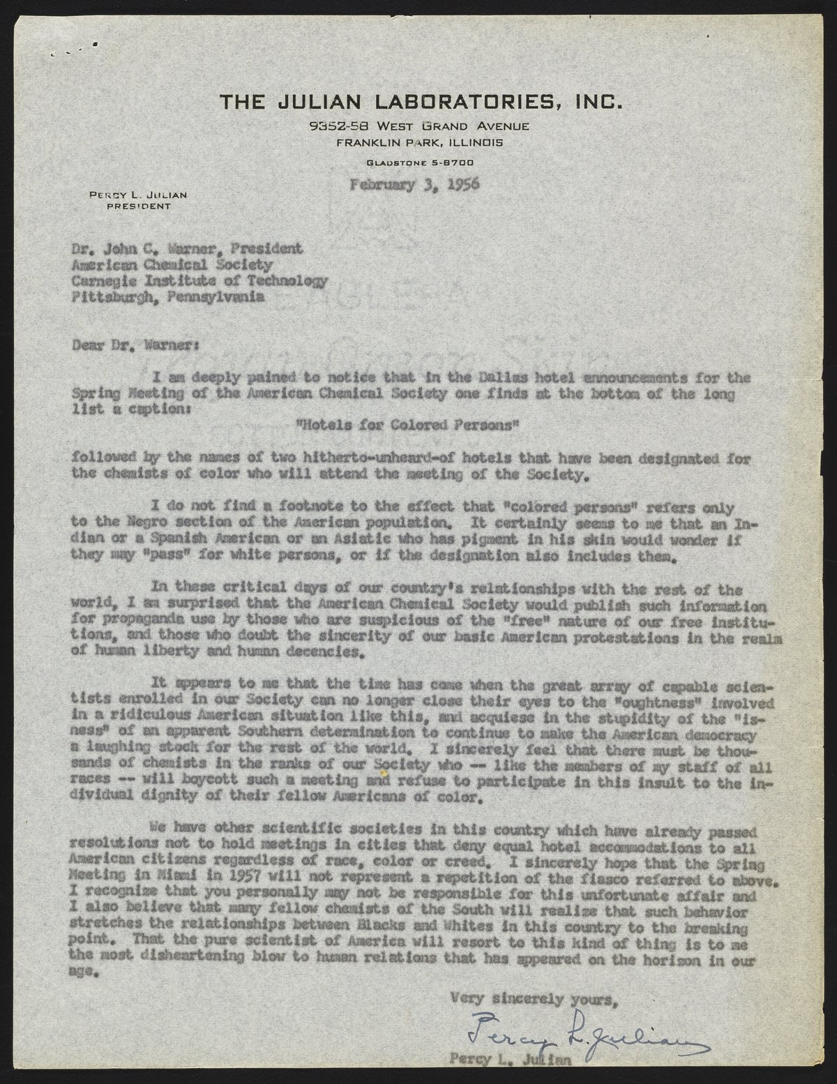 Letter from Percy L. Julian to John C. Warner - Science History ...