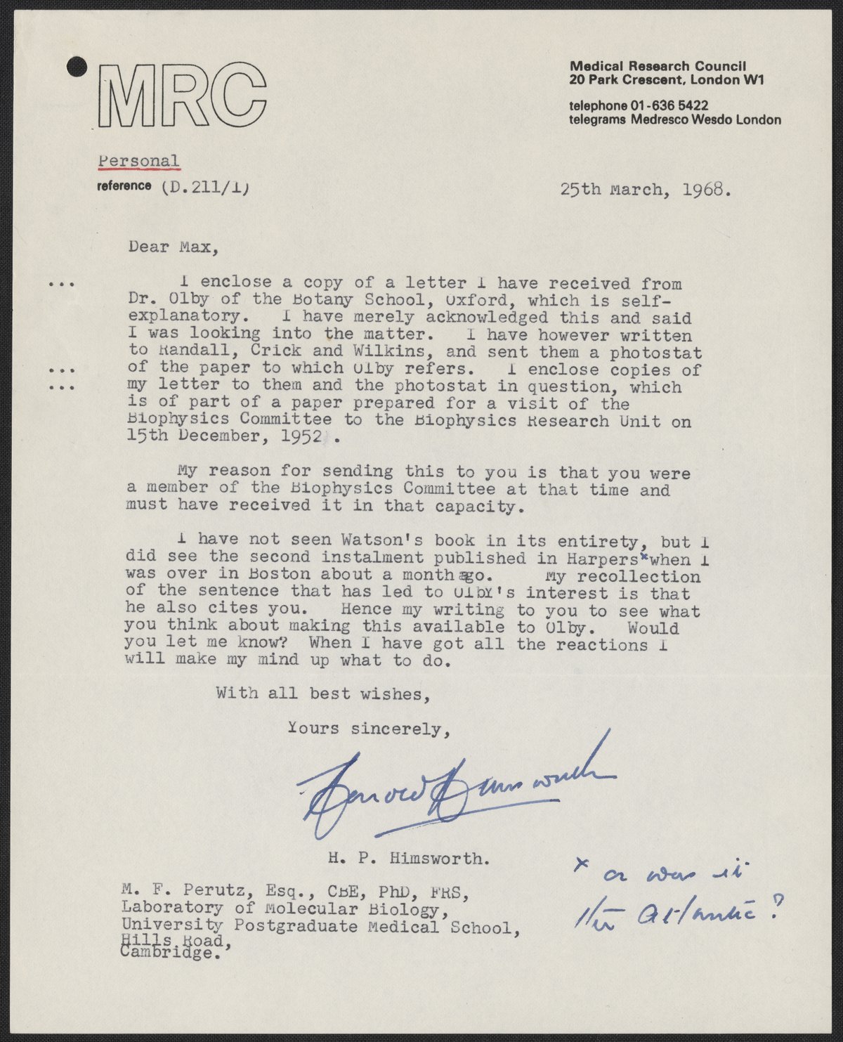 Letter from Harold Himsworth to Max Perutz, March 25, 1968 - Science ...
