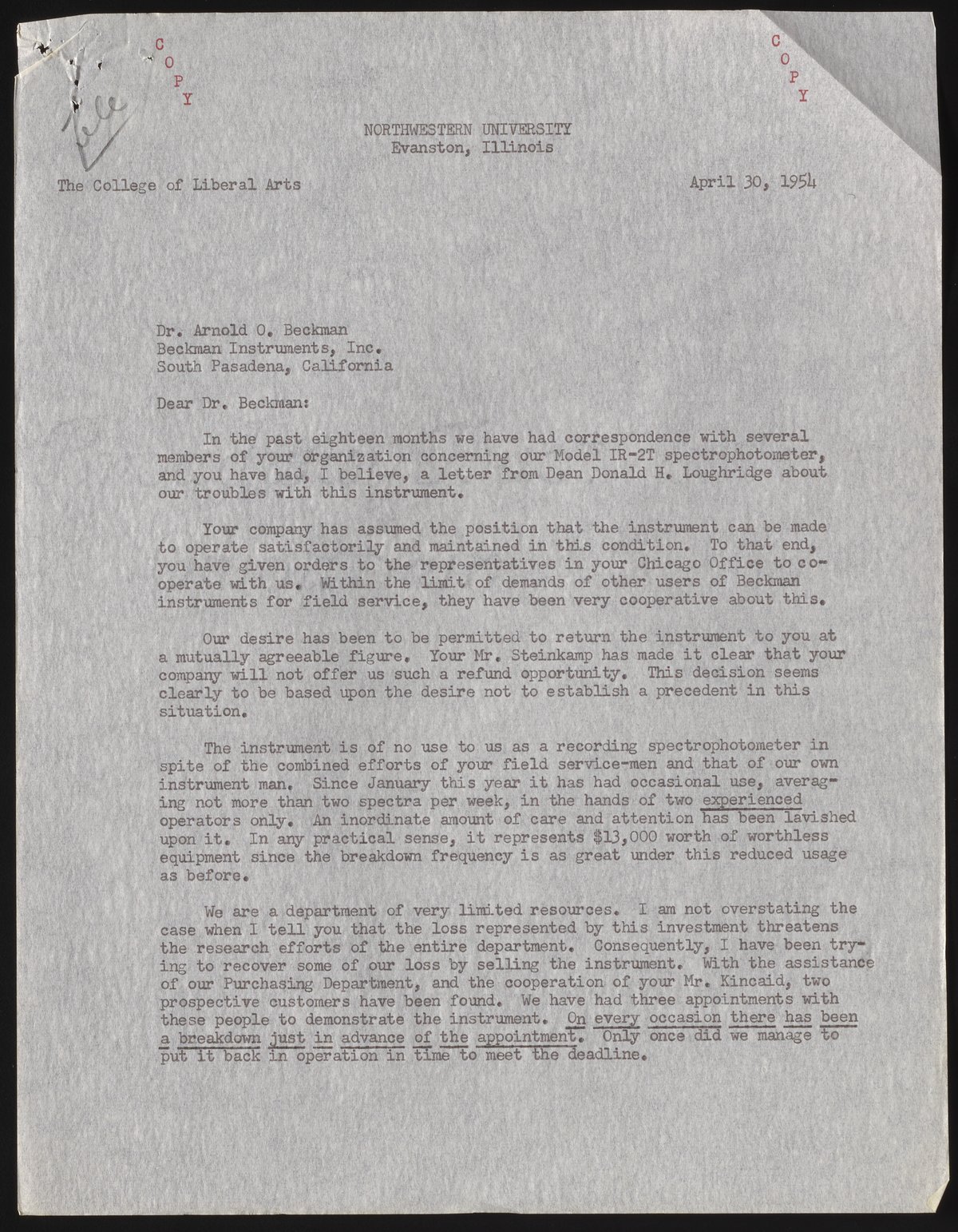 Letter from Allen S. Hussey to Arnold O. Beckman - Science History ...