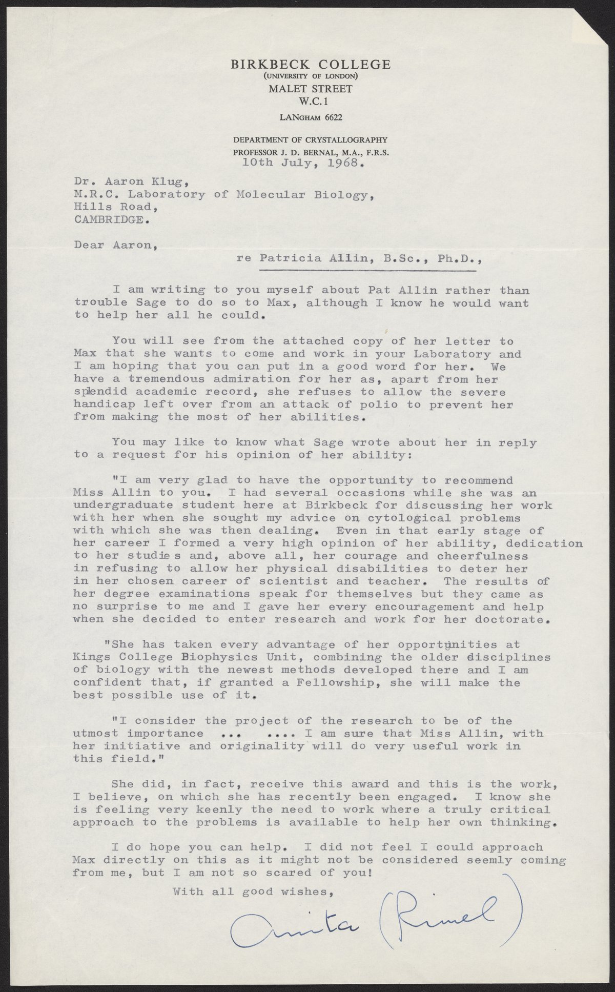 Letter from Anita Rimel to Aaron Klug, July 10, 1968 - Science History ...