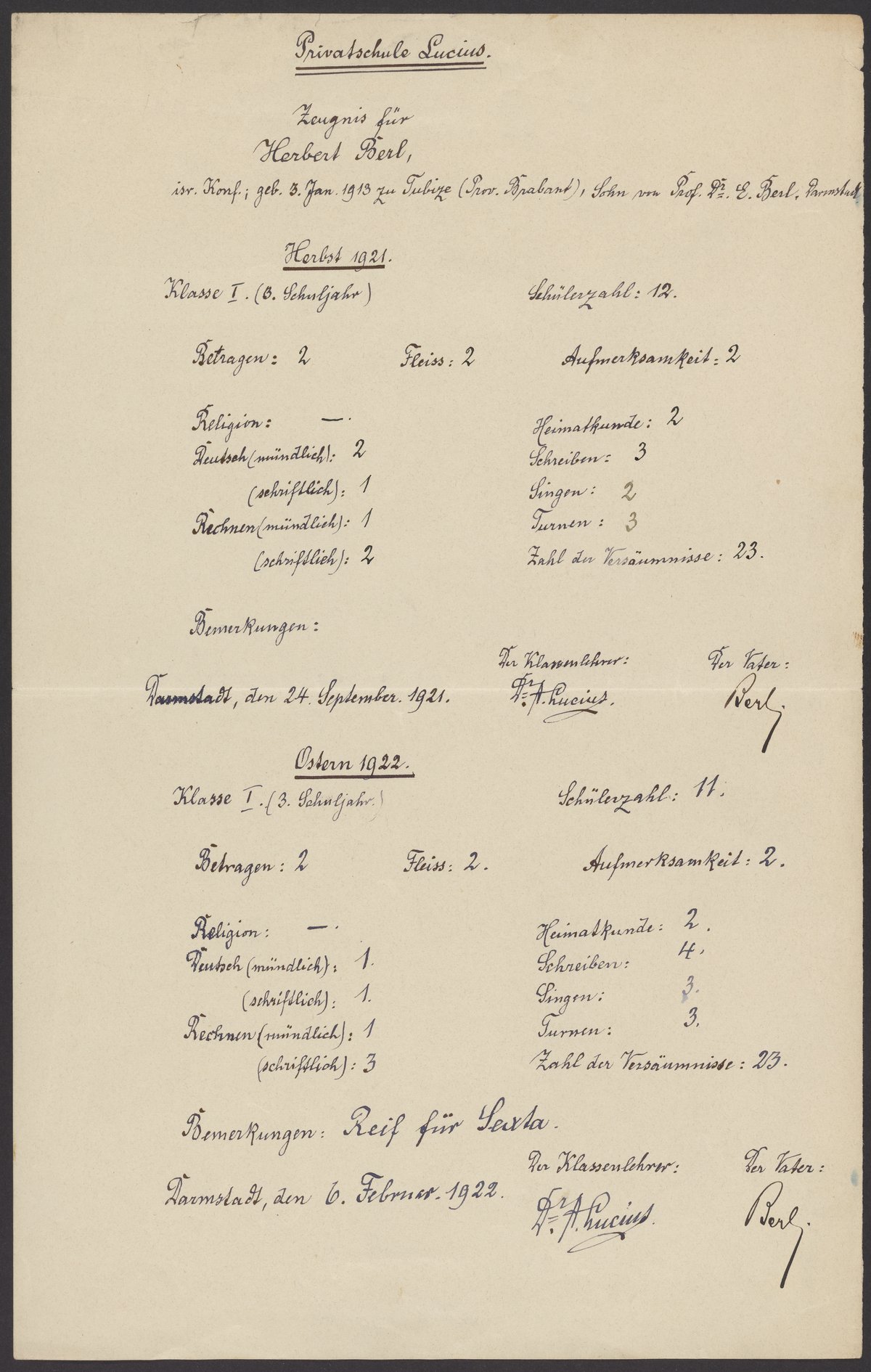 Herbert Berl's school report card, 1921-1922 - Science History ...