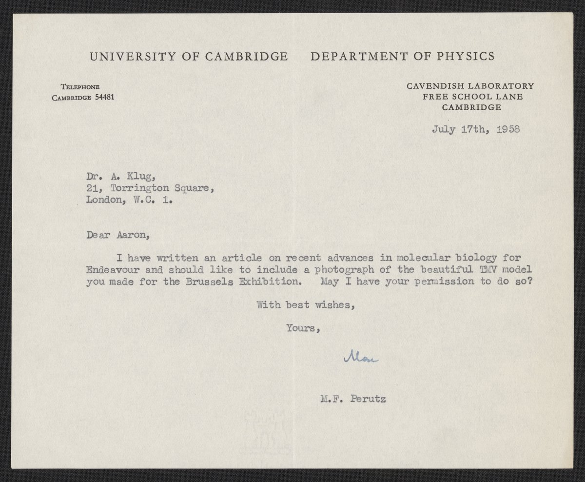 Letter from Max Perutz to Aaron Klug, July 17, 1958 - Science History ...