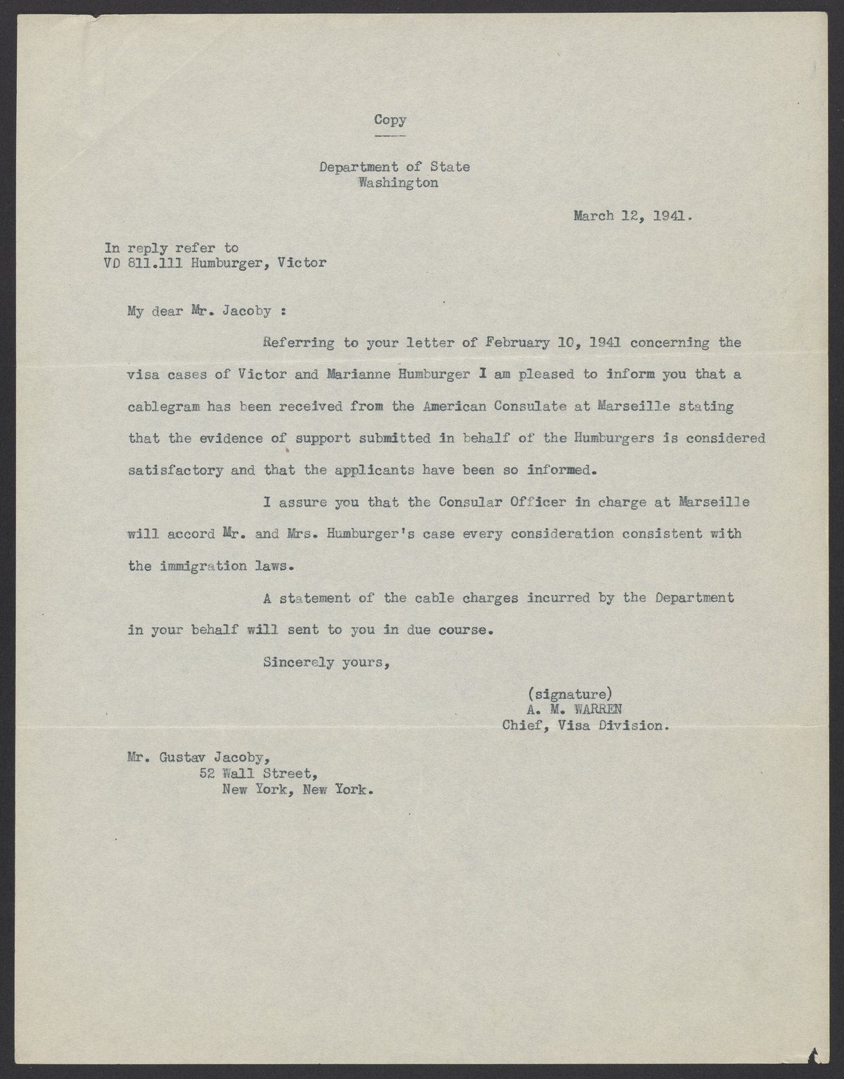 Letter from A. M. Warren to Gustav Jacoby, March 12, 1941 - Science ...