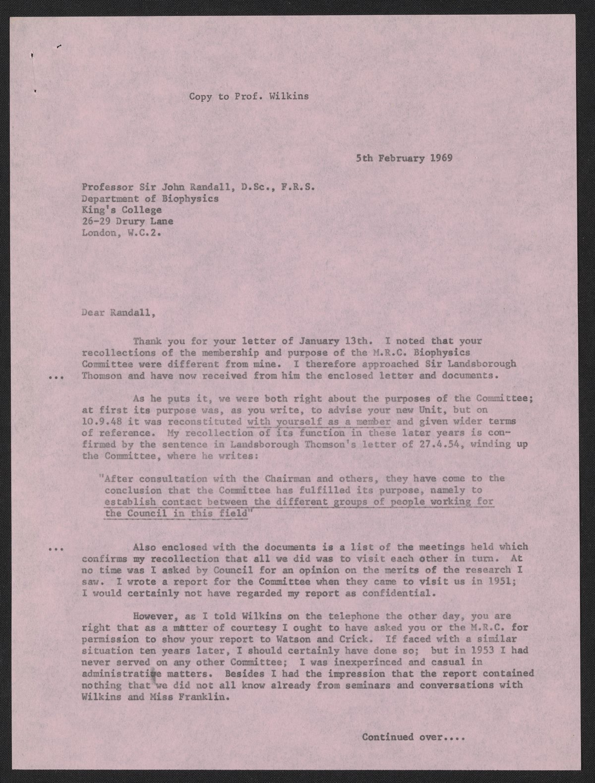Letter from Max Perutz to John Randall, February 5, 1969 - Science ...