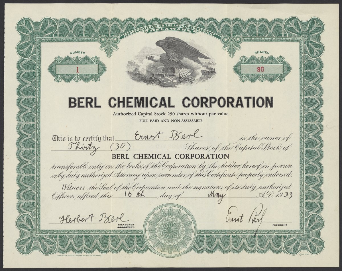 Stock certificate for Berl Chemical Corporation - Science History ...
