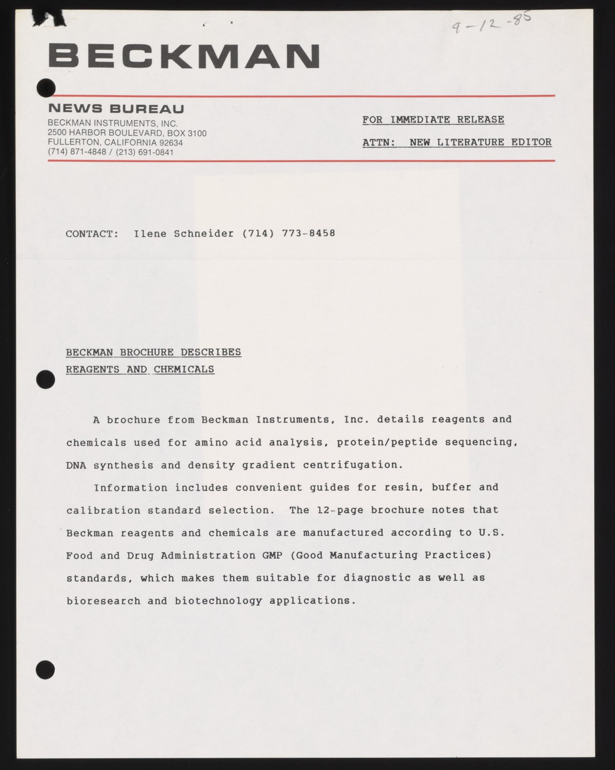 Beckman Brochure Describes Reagents and Chemicals - Science History ...