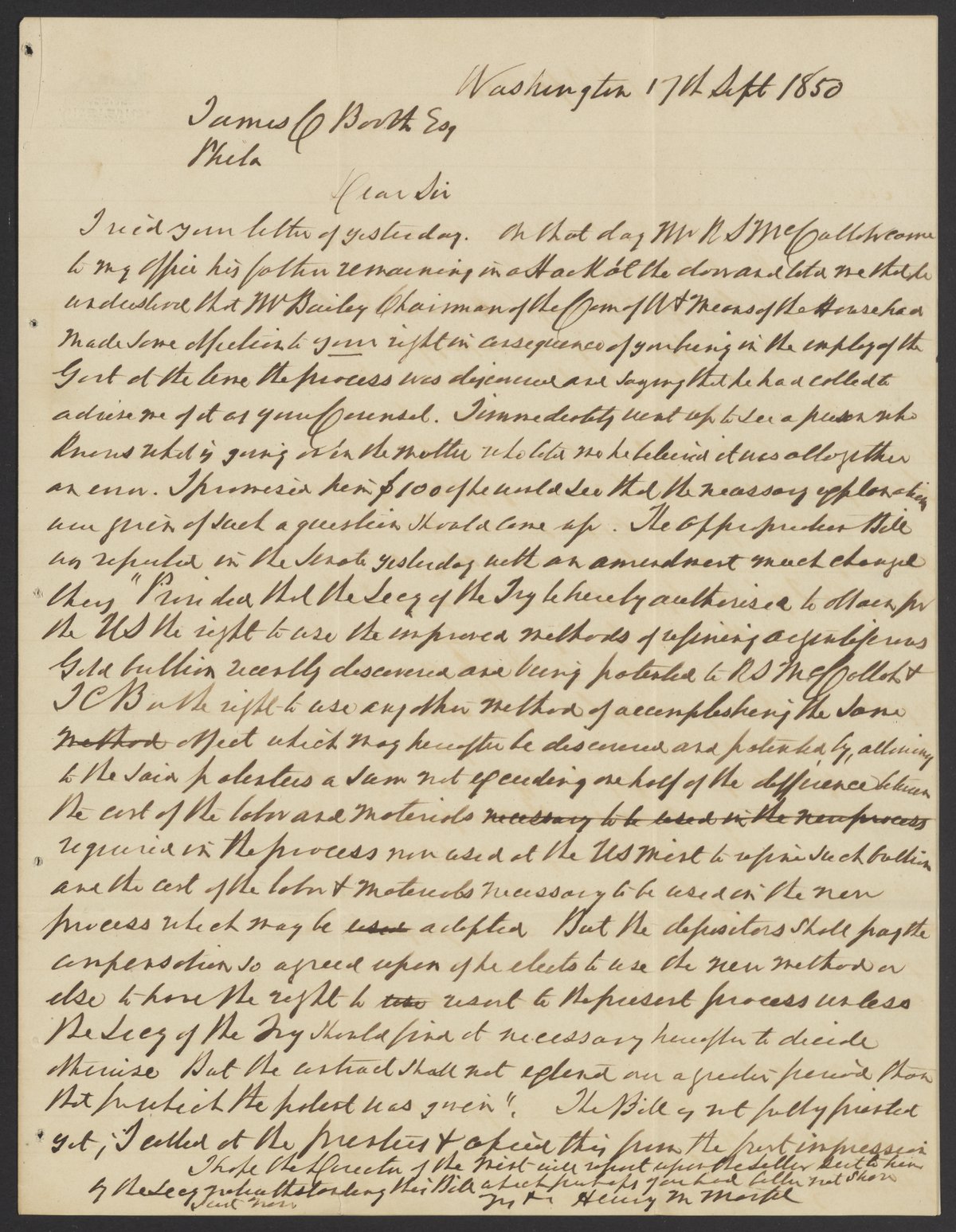 Letter from Henry M. Morfit to James Curtis Booth, September 17, 1850 ...