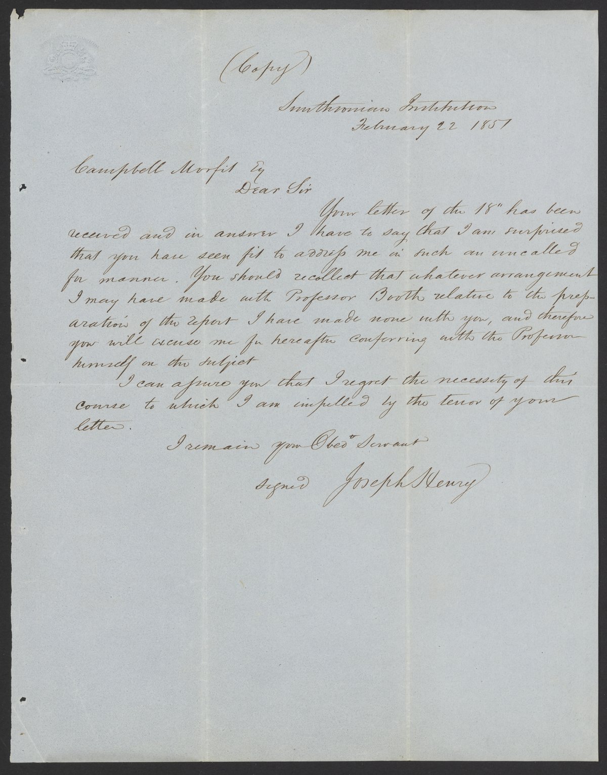 Letter from Joseph Henry to Campbell Morfit, February 22, 1851 ...