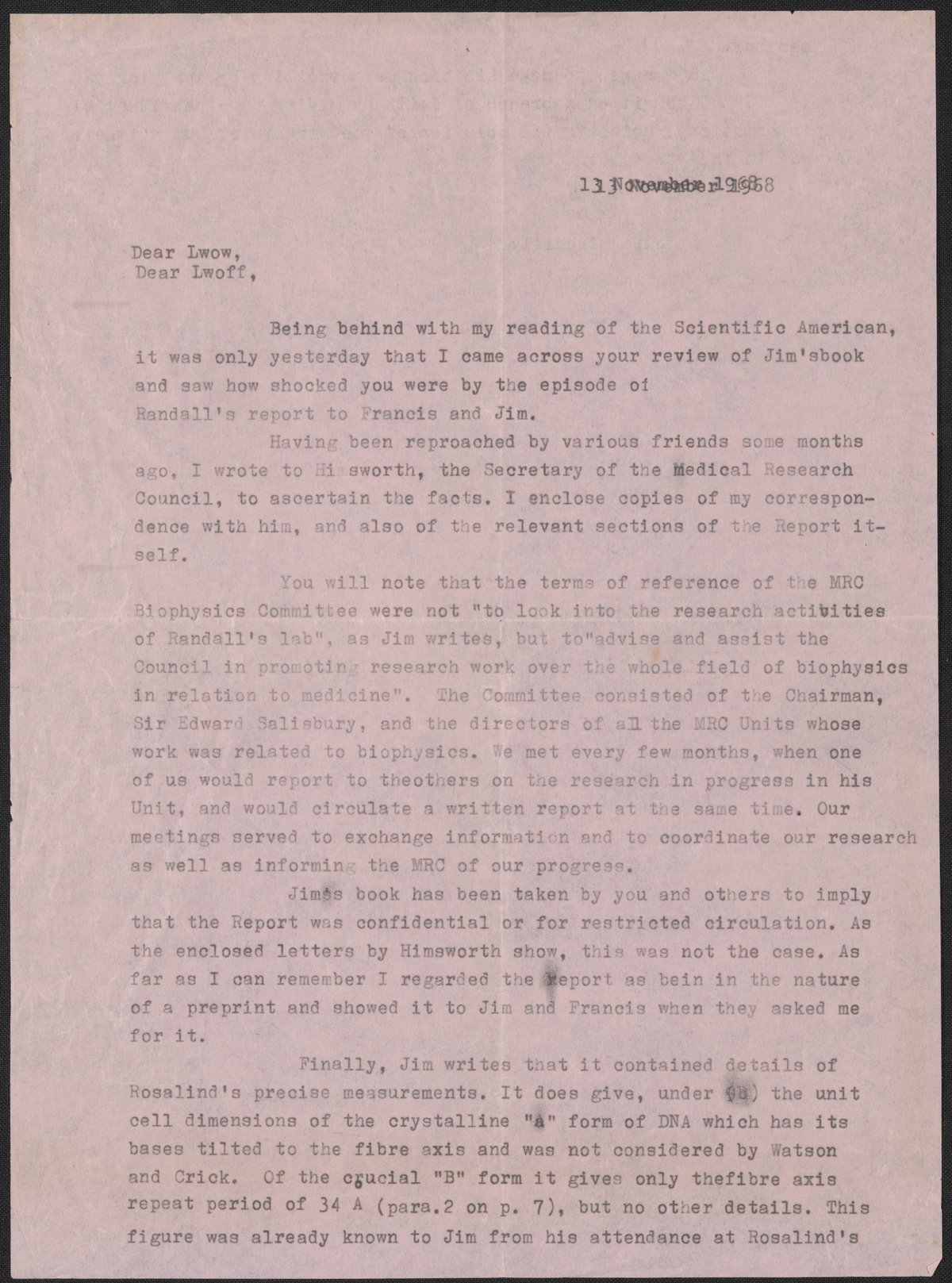 Letter from Max Perutz to André Lwoff , November 13, 1968 - Science ...
