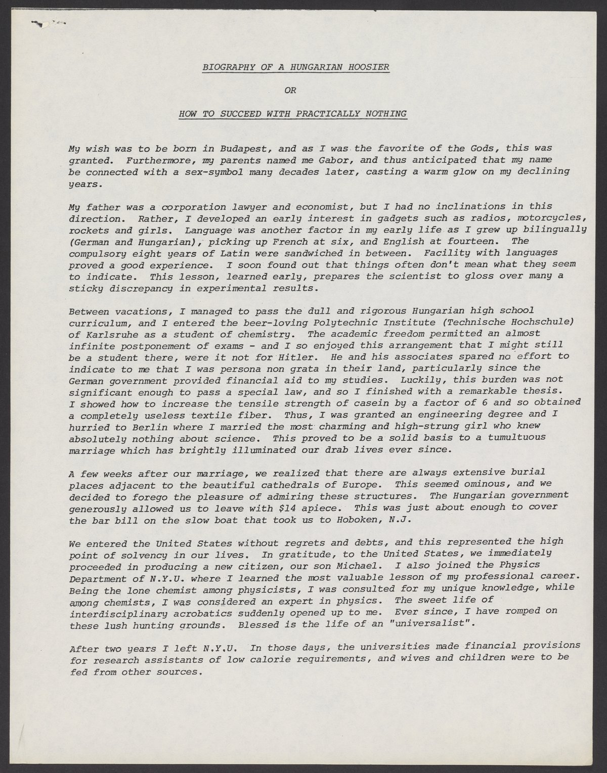 Biography of a Hungarian Hoosier, or, How to Succeed With Practically ...