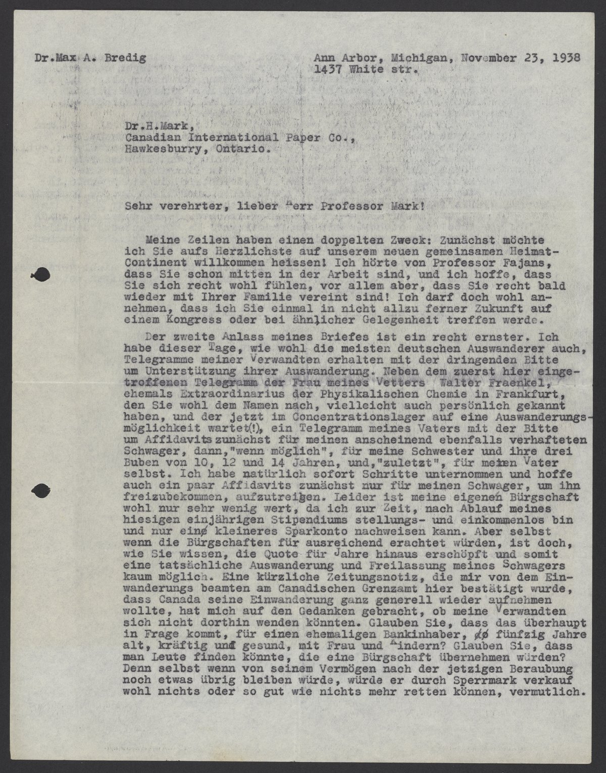 Letter from Max Bredig to Herman Mark, November 23, 1938 - Science ...