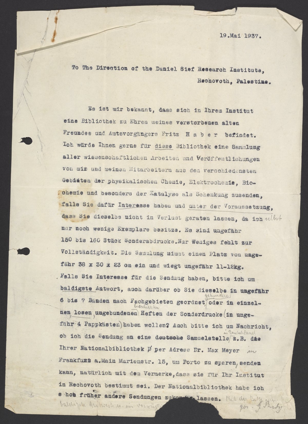 Letter from Georg Bredig to the Daniel Sieff Research Institute ...