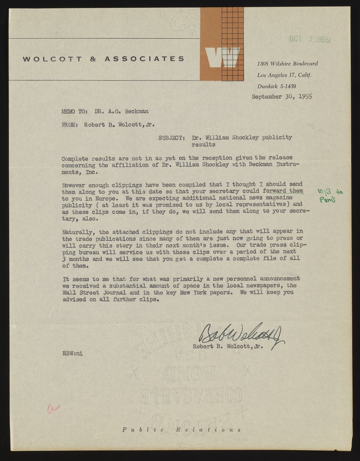 Letter from Robert B. Wolcott, Jr. to Arnold O. Beckman - Science ...