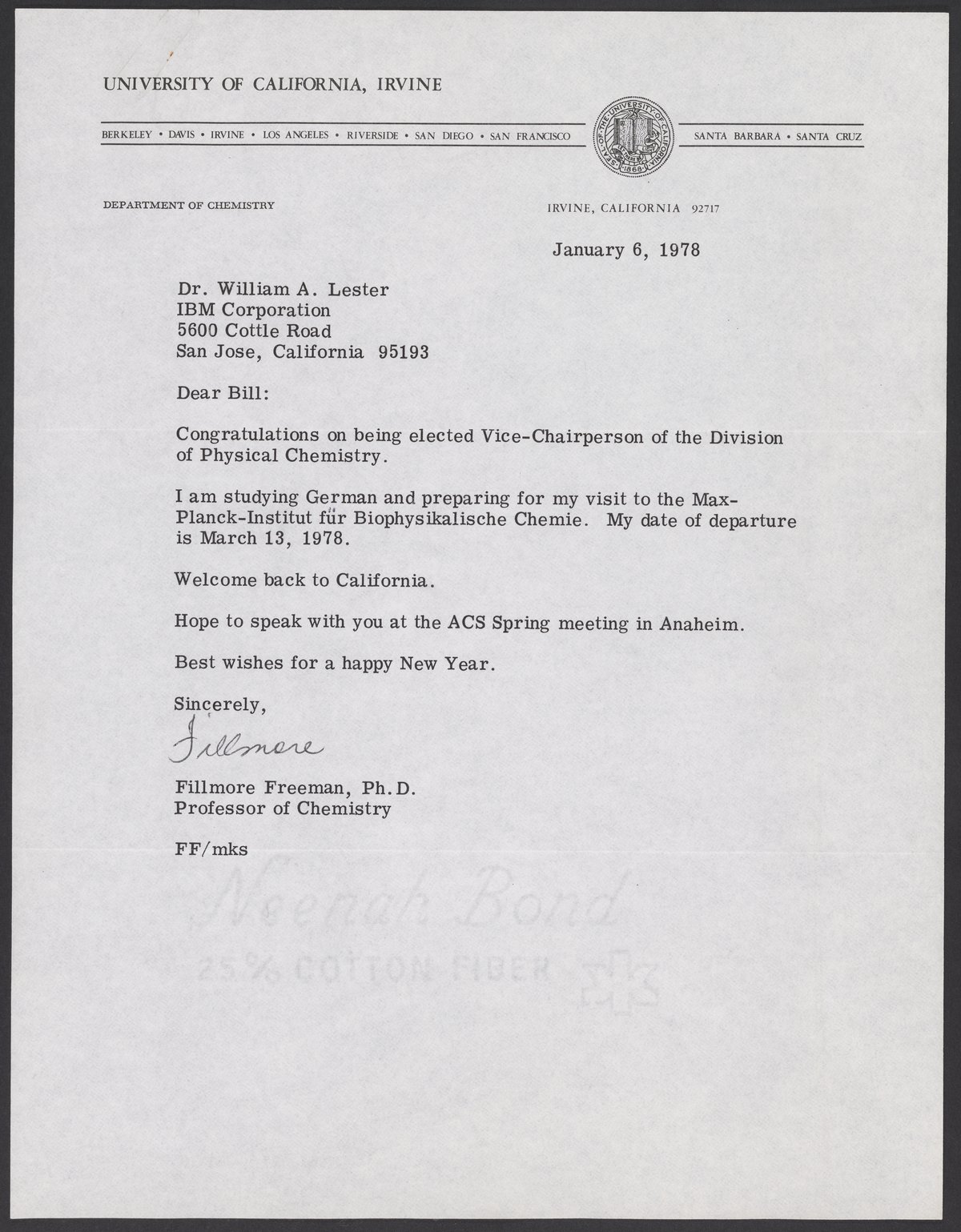 Letter to William A. Lester, Jr. from Fillmore Freeman, January 6, 1978 ...