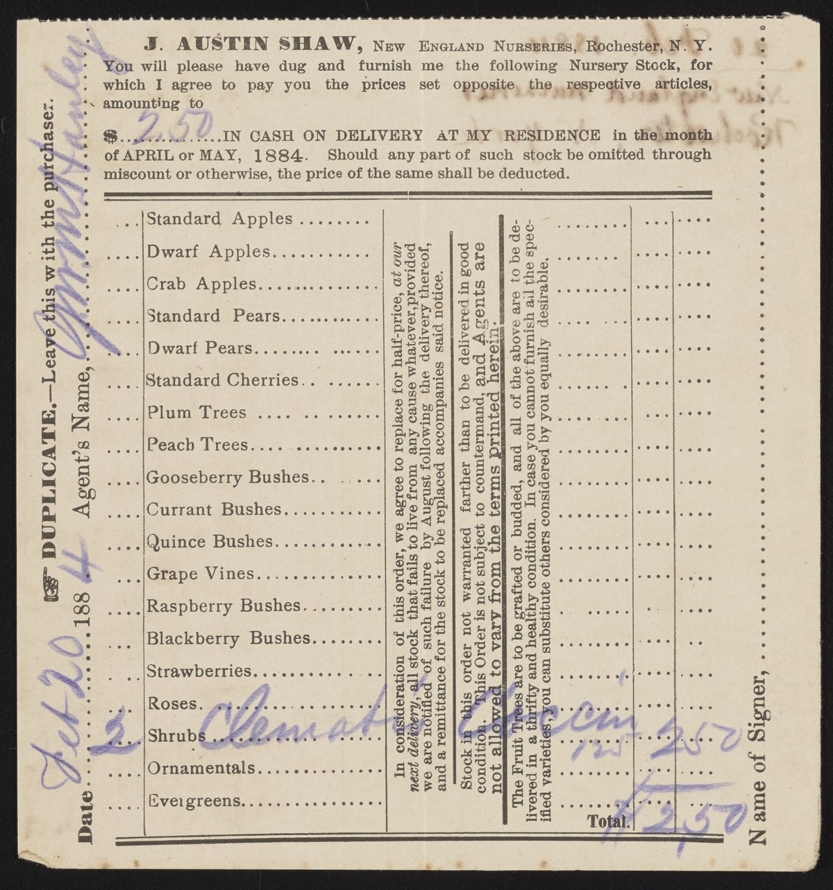Receipt from J. Austin Shaw, New England Nurseries - Science History ...