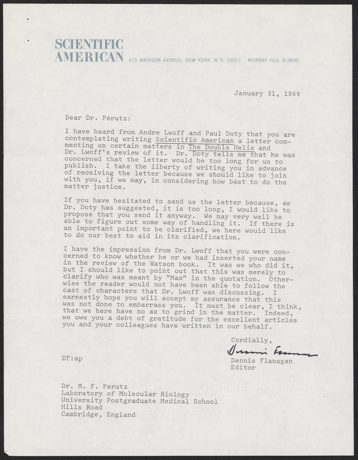 Letter from Dennis Flanagan to Max Perutz, January 31, 1969 - Science ...