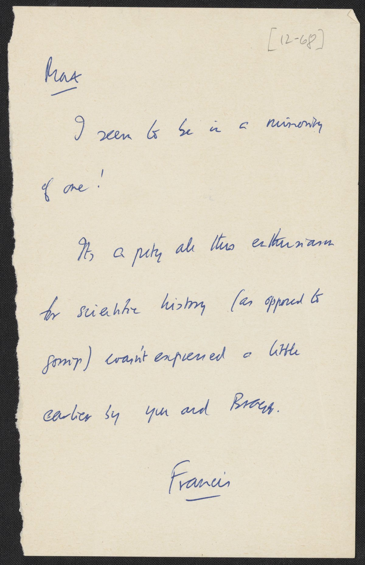 Note from Francis Crick to Max Perutz, December 1968 - Science History ...
