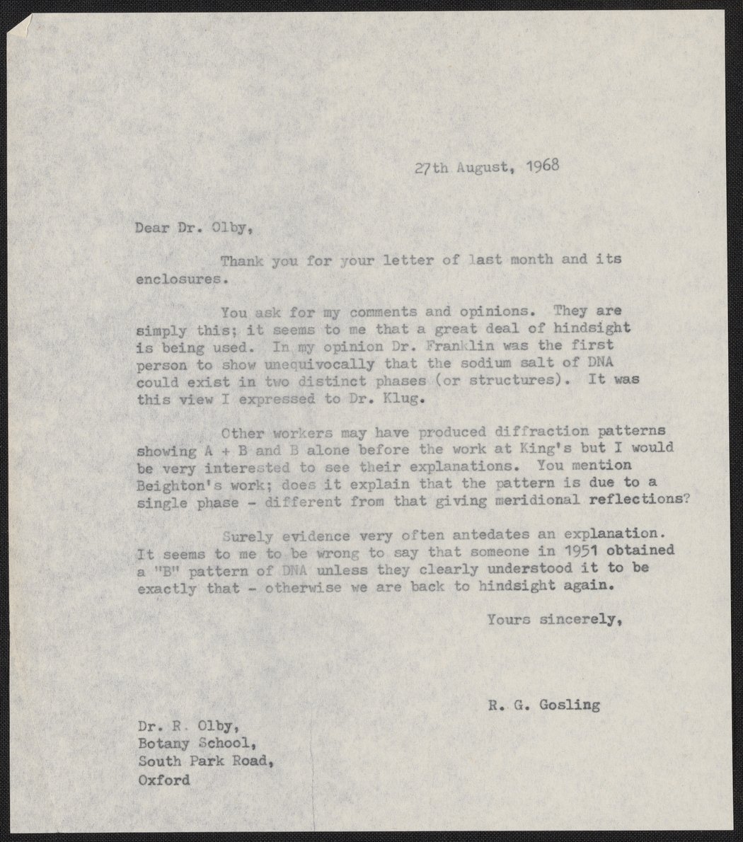 Letter from Raymond Gosling to Robert Olby, August 27, 1968 - Science ...