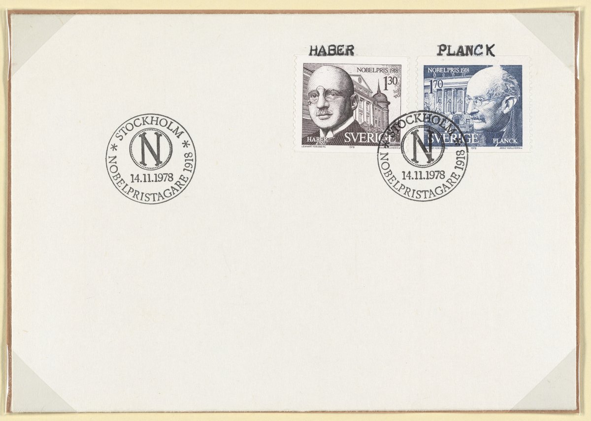Envelope with Swedish postage stamps commemorating Fritz Haber and Max ...