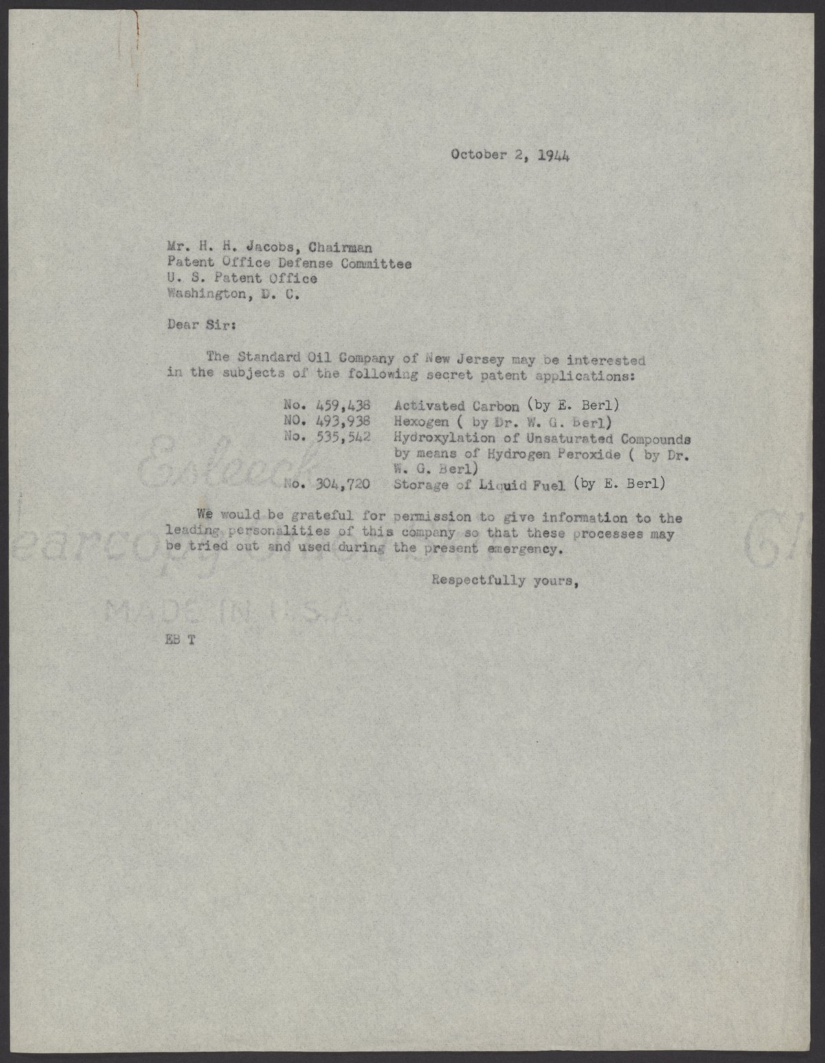 Letter from Ernst Berl to H. H. Jacobs, October 2, 1944 - Science ...