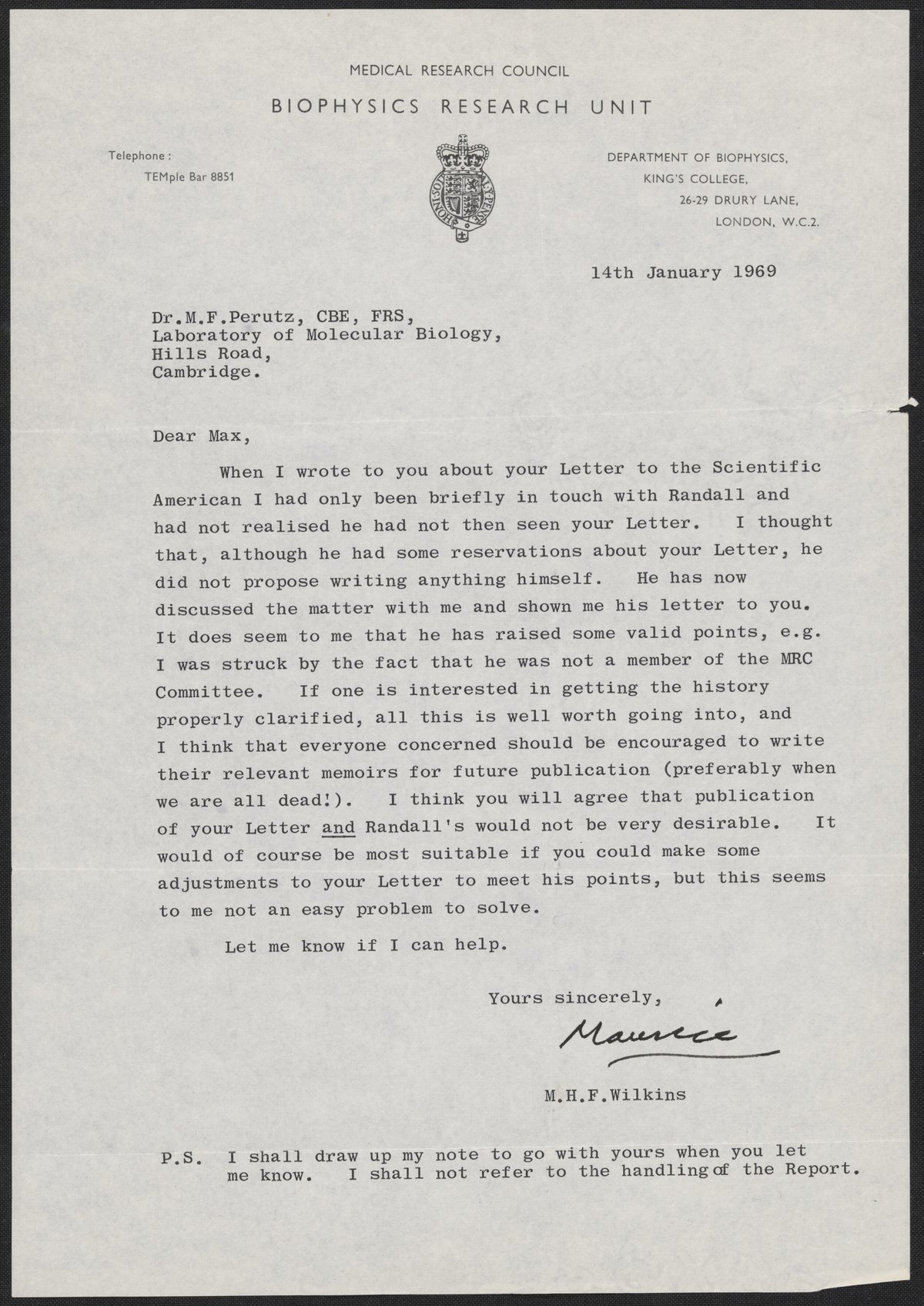 Letter from Maurice Wilkins to Max Perutz, January 14, 1969 - Science ...