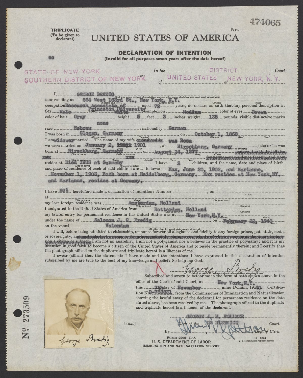 Georg Bredig's Declaration of Intention for Naturalization - Science ...