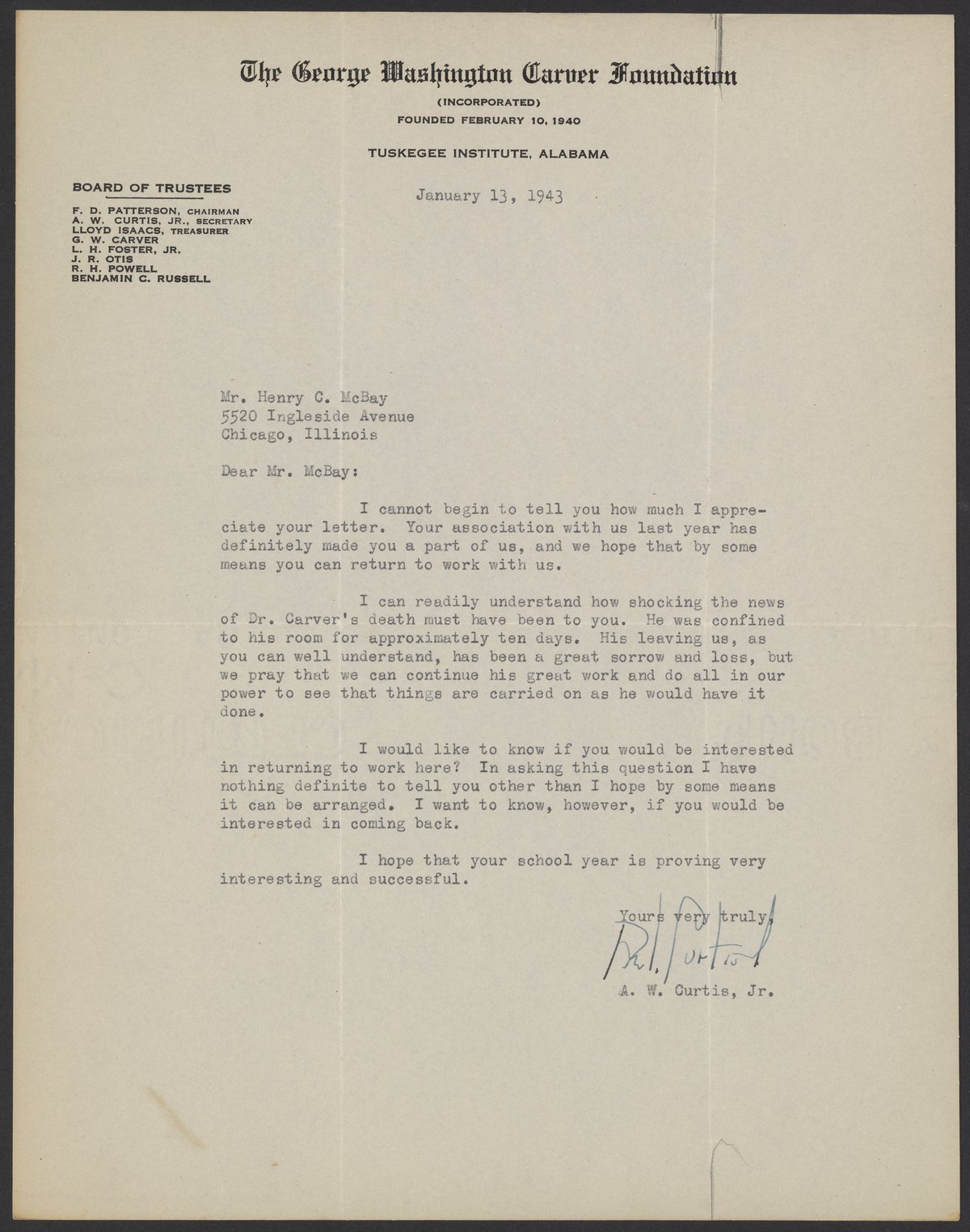 Letter from A. W. Curtis Jr. to Henry McBay - Science History Institute ...
