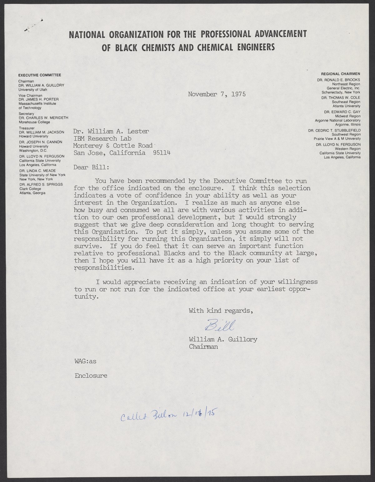 Letter to William A. Lester, Jr. from William A. Guillory, November 7 ...