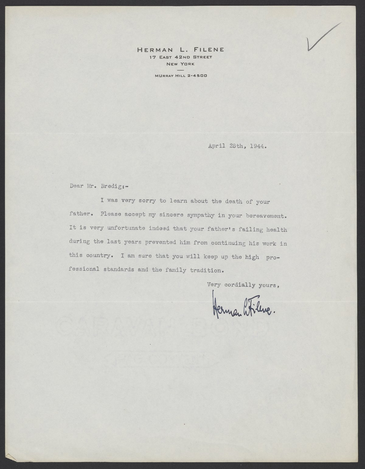 Letter of condolence from Herman L. Filene to Max Bredig - Science ...