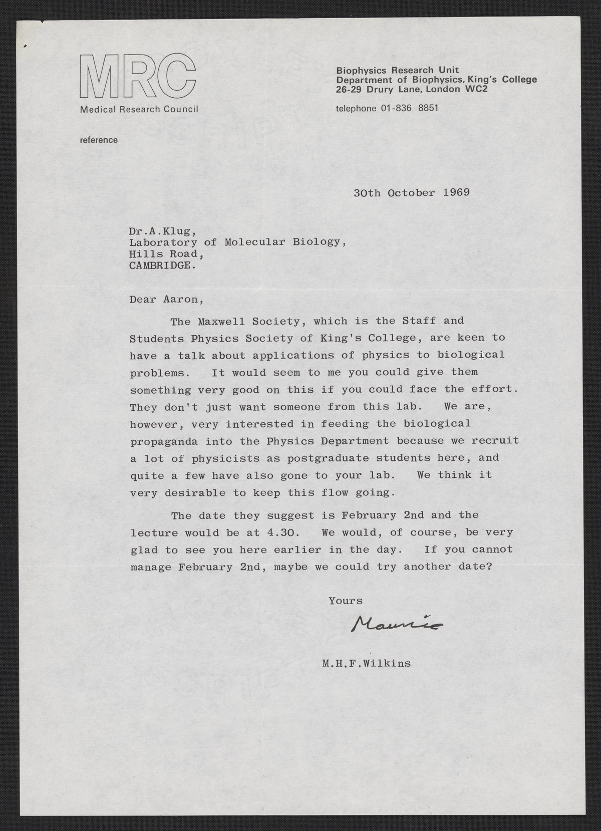 Letter from Maurice Wilkins to Aaron Klug, October 30, 1969 - Science ...