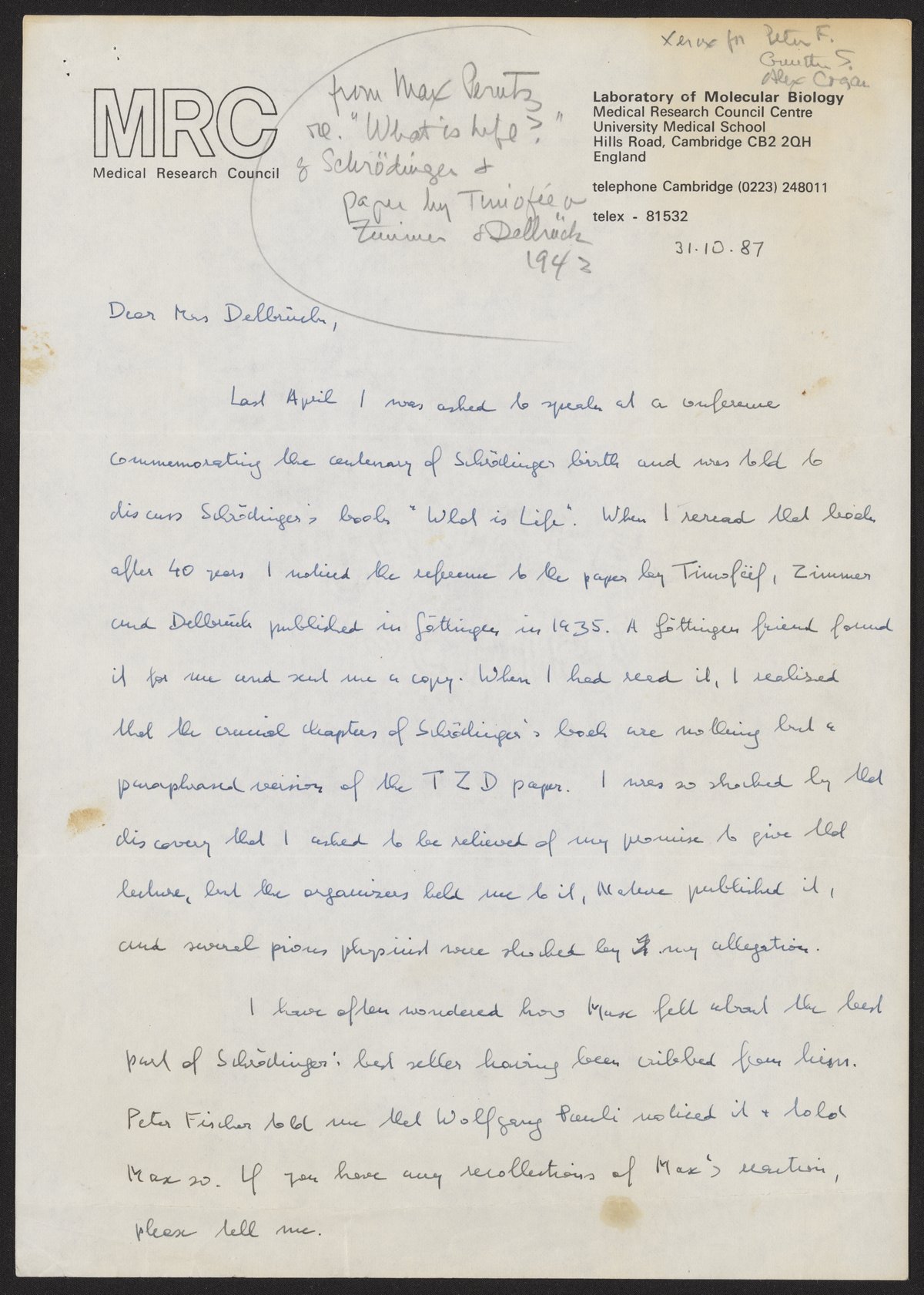 Letter from Max Perutz to Max Delbrück, October 31, 1987 - Science ...