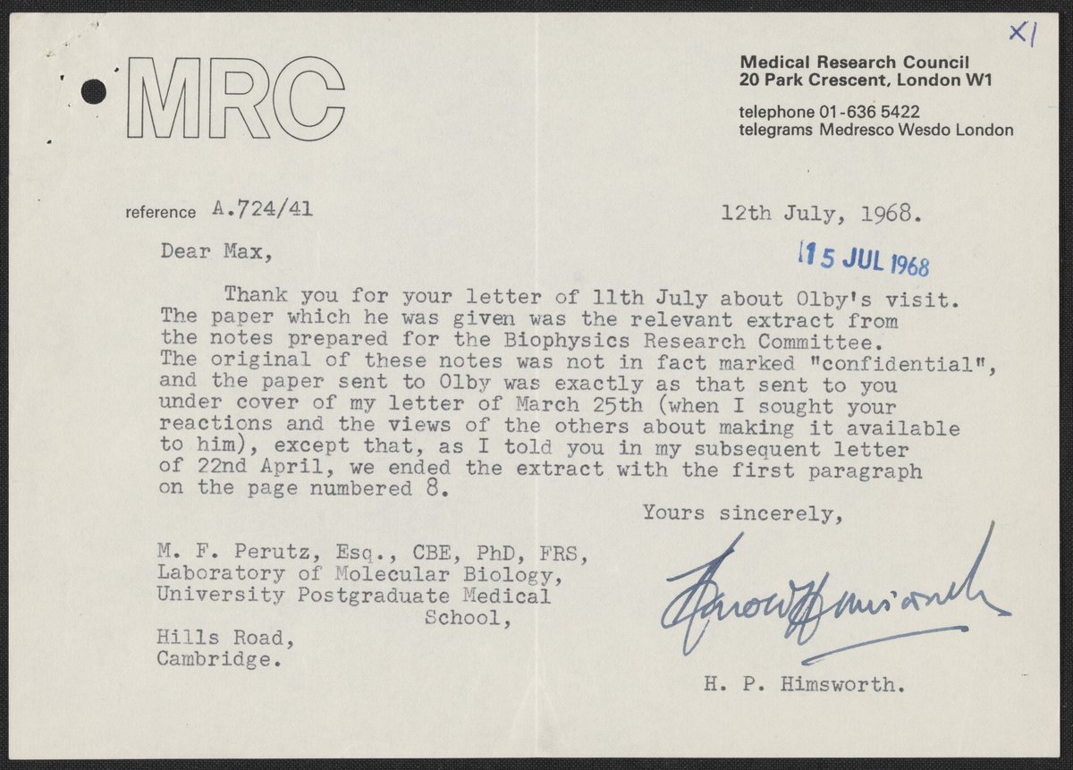 Letter from Harold Himsworth to Max Perutz, July 12, 1968 - Science ...