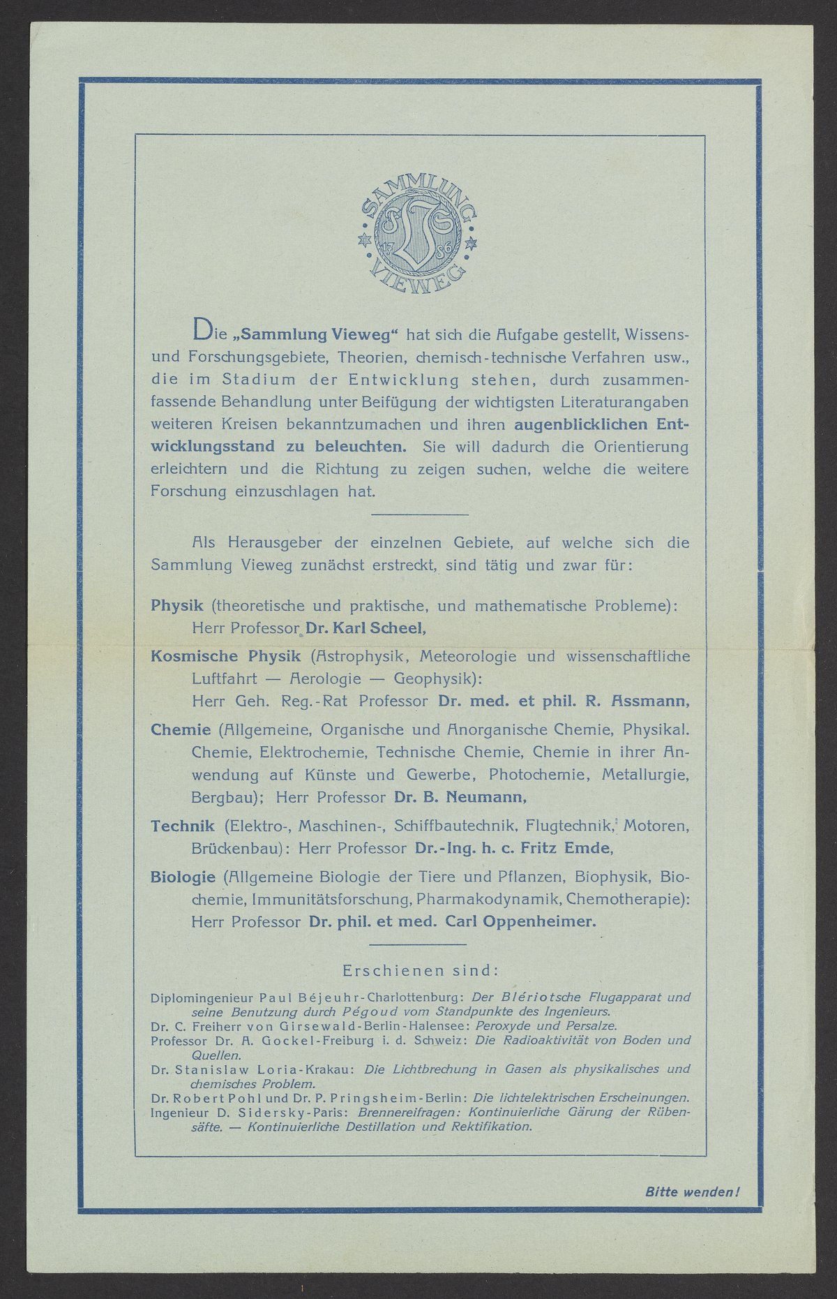 Advertisement for "Sammlung Vieweg" book series from Julius Springer ...